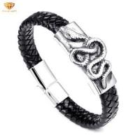 China Retro Cowhide Punk Handmade Leather Rope Woven Snake Shape Lock Leather Bracelet Blhfp223 for sale