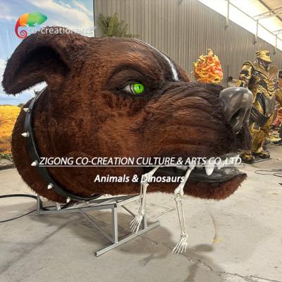China Animatronic Skeletal Dog Head Statue: Smoke-Spraying Mechanism & Glowing Green Eye Display for sale