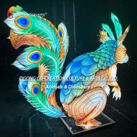 China Giant Illuminated Squirrel Sculpture Lantern With Dazzling Peacock Feather Tail for sale