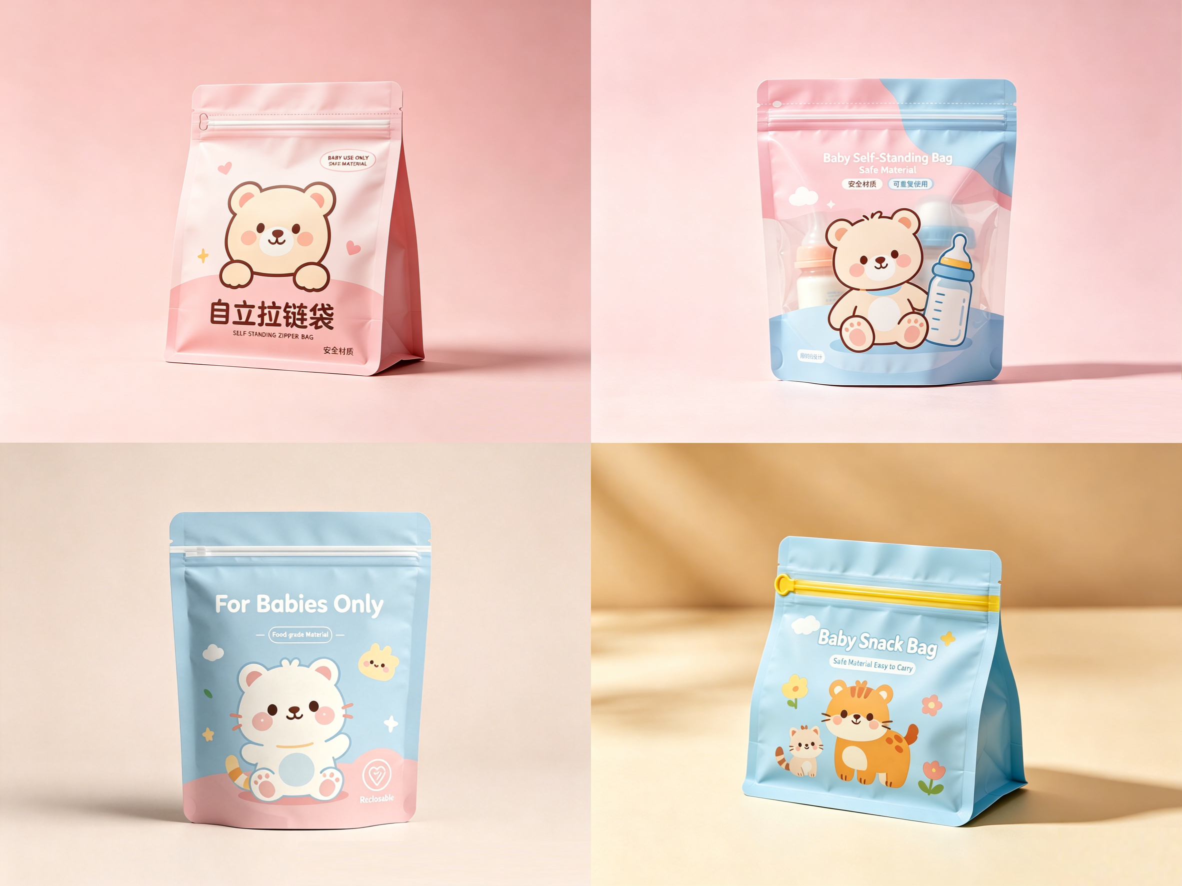 Multi-Style Custom Cartoon Baby Stand Up Zipper Pouches Wholesale For Baby Brands