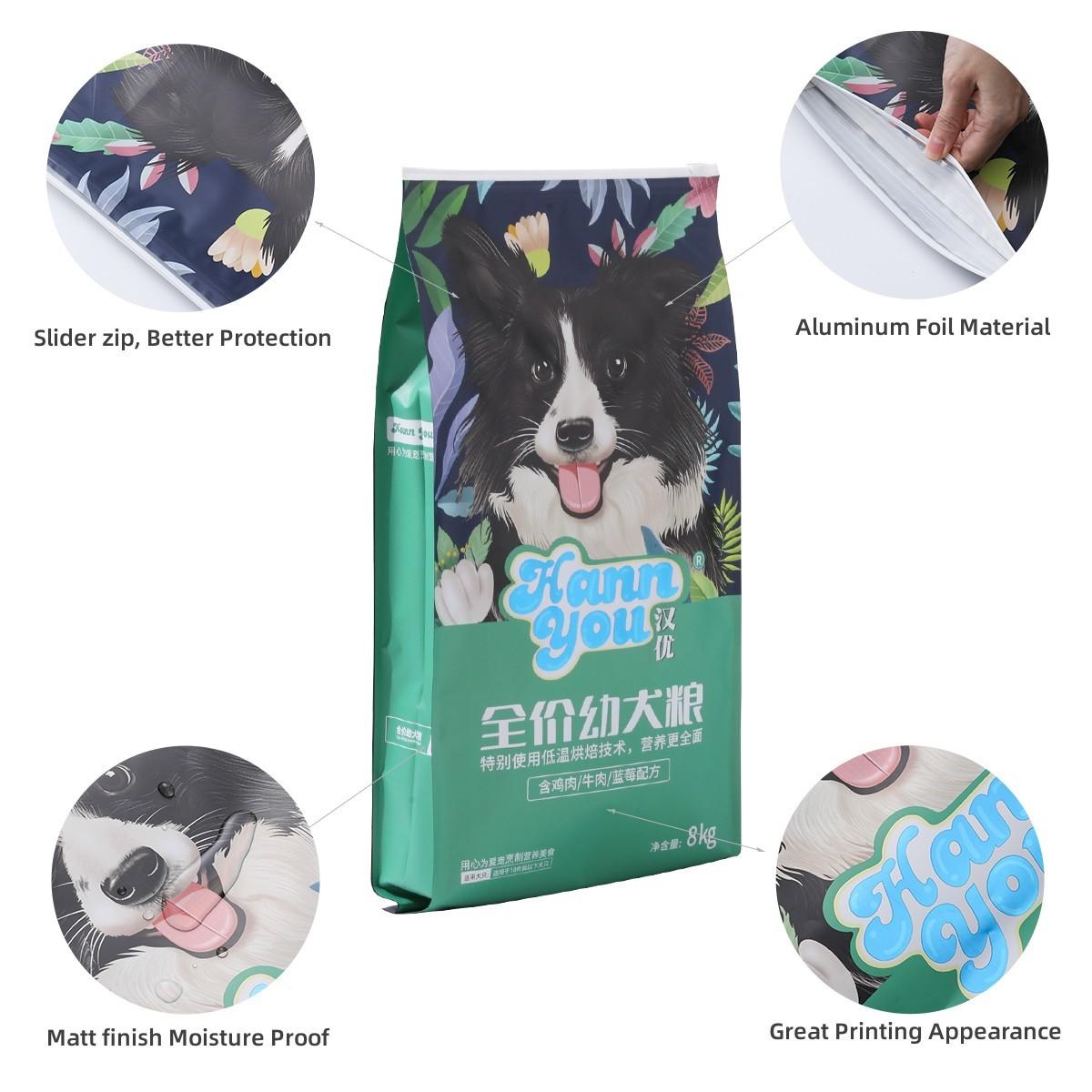 Feature display of custom printed 8kg puppy food flat bottom pouch, showing slider zip, aluminum foil material, matte moisture-proof surface and high-definition printing
