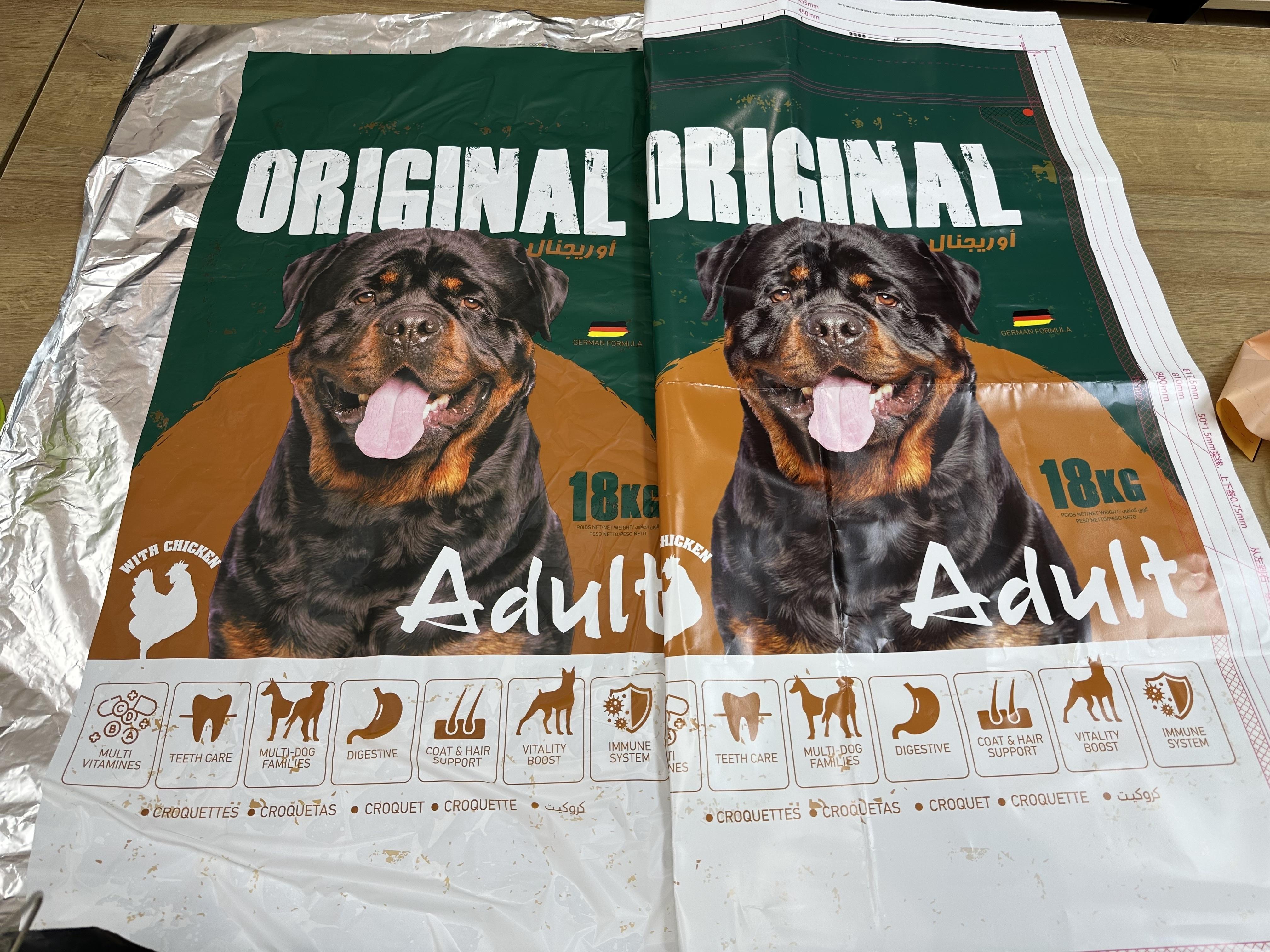 matte coating 18kg adult chicken dog food packaging film for large dog food bulk bags.