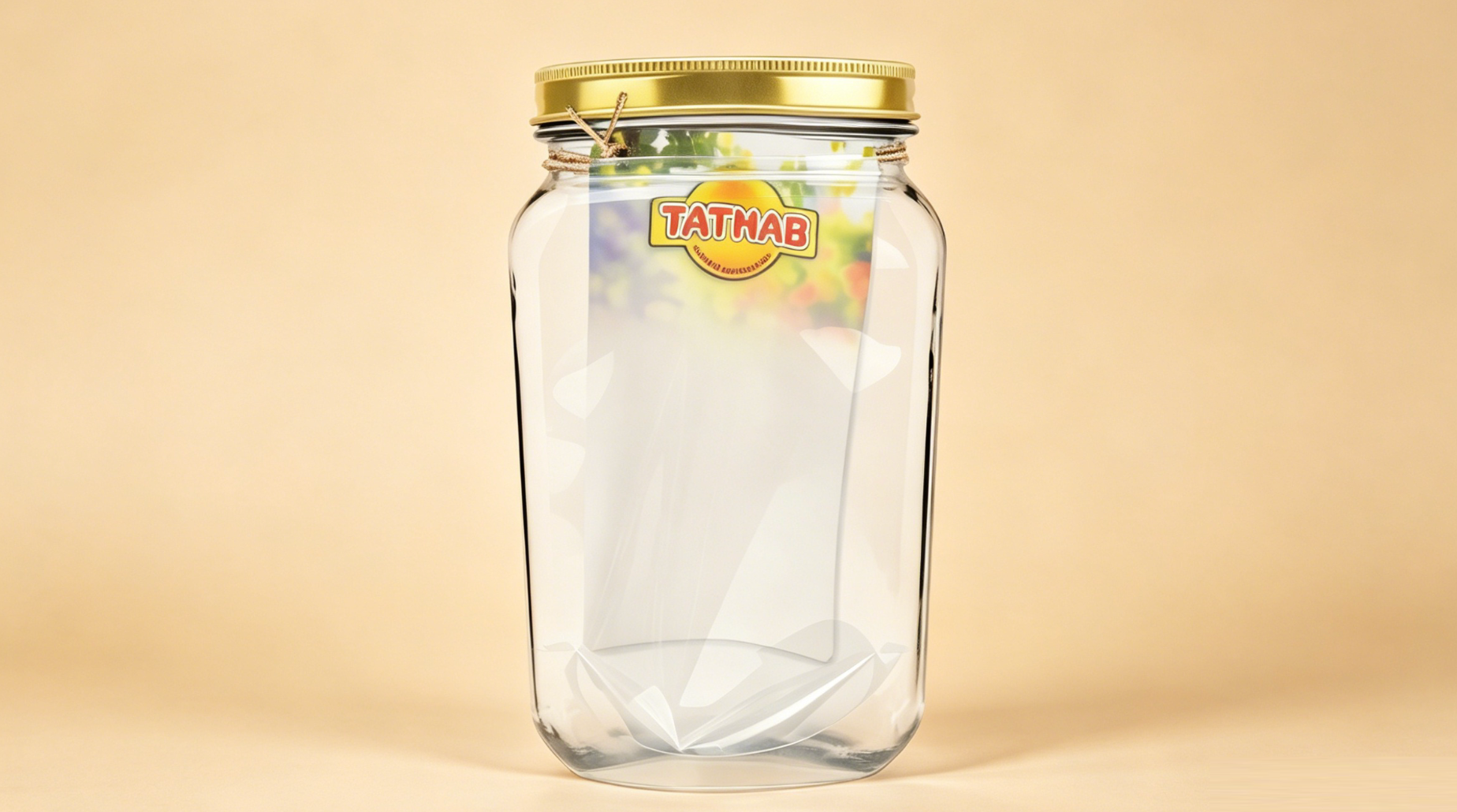 custom printed colorful brand sticker label, empty clear plastic packaging bag for honey, nuts, candy and dry snacks, shot on soft beige background for product display.