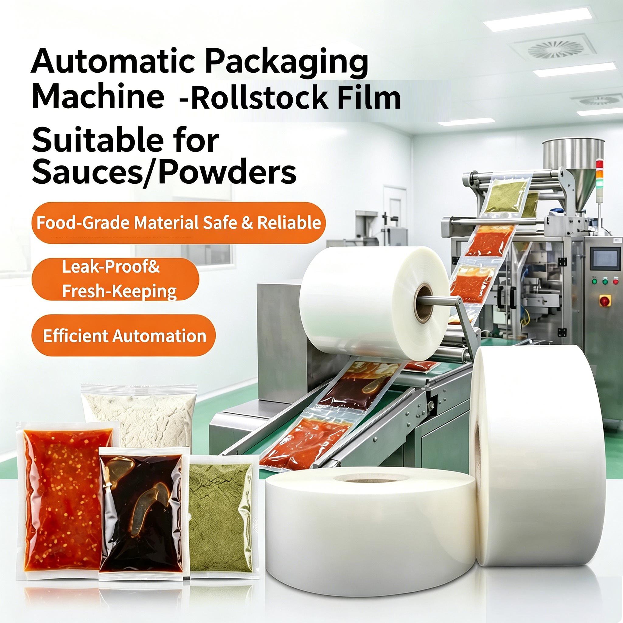 Commercial marketing banner for food grade composite rollstock film, show HFFS/VFFS packaging machine, finished powder & sauce sachets, highlight food safe, leakproof, fresh keeping & high automation advantages.