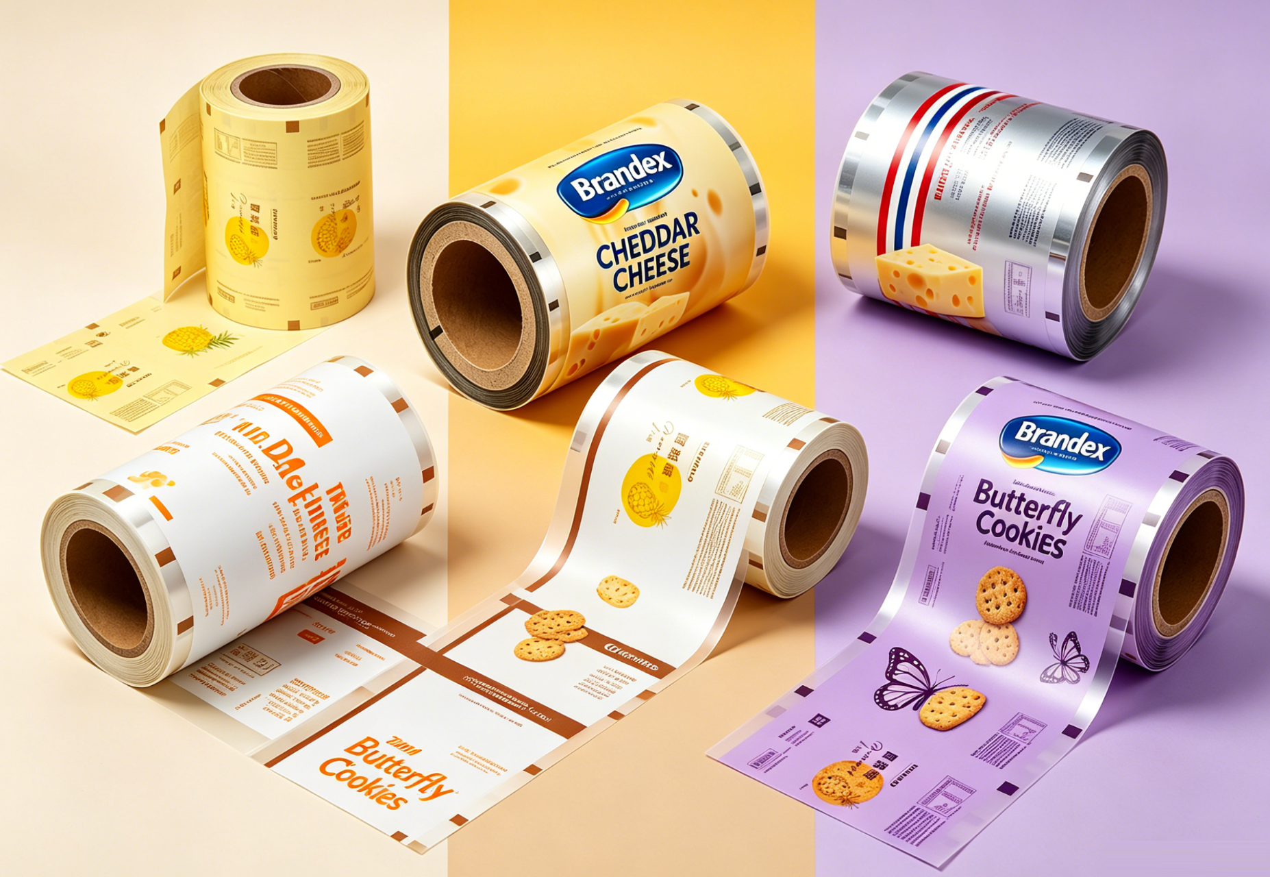 custom printed food-grade laminated roll stock packaging film displayed on segmented pastel color background, designs for cheddar cheese, butterfly cookies and pineapple snacks, including matte paper film, metallized silver barrier film and transparent composite film, full color brand graphic printing for VFFS automatic snack packaging machines.