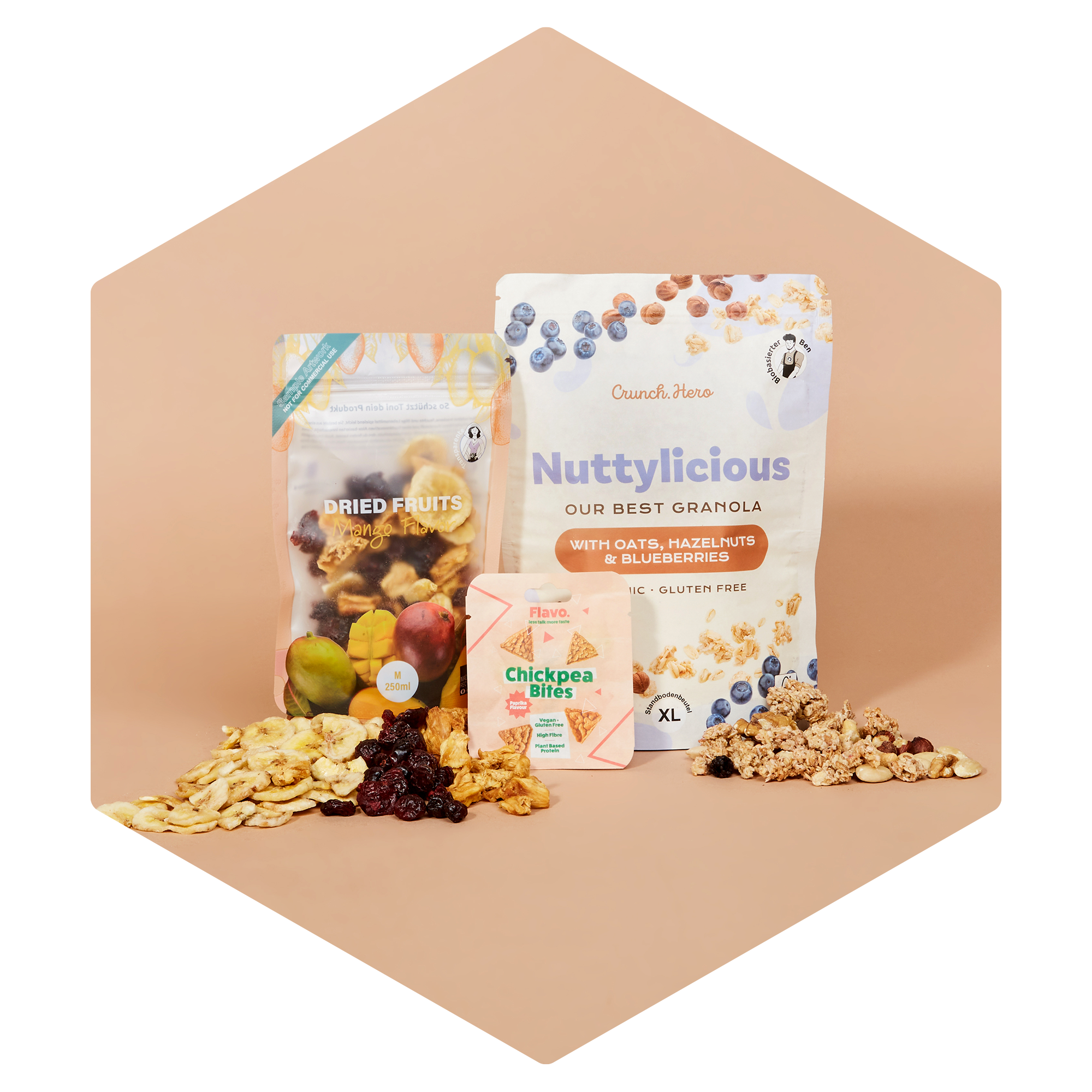 custom printed zipper stand up pouches with transparent window, packaging for dried fruits, granola and chickpea bite snacks, loose dried fruit and granola placed in front of pouches on soft beige background, eco-friendly flexible food packaging for healthy snack brands.
