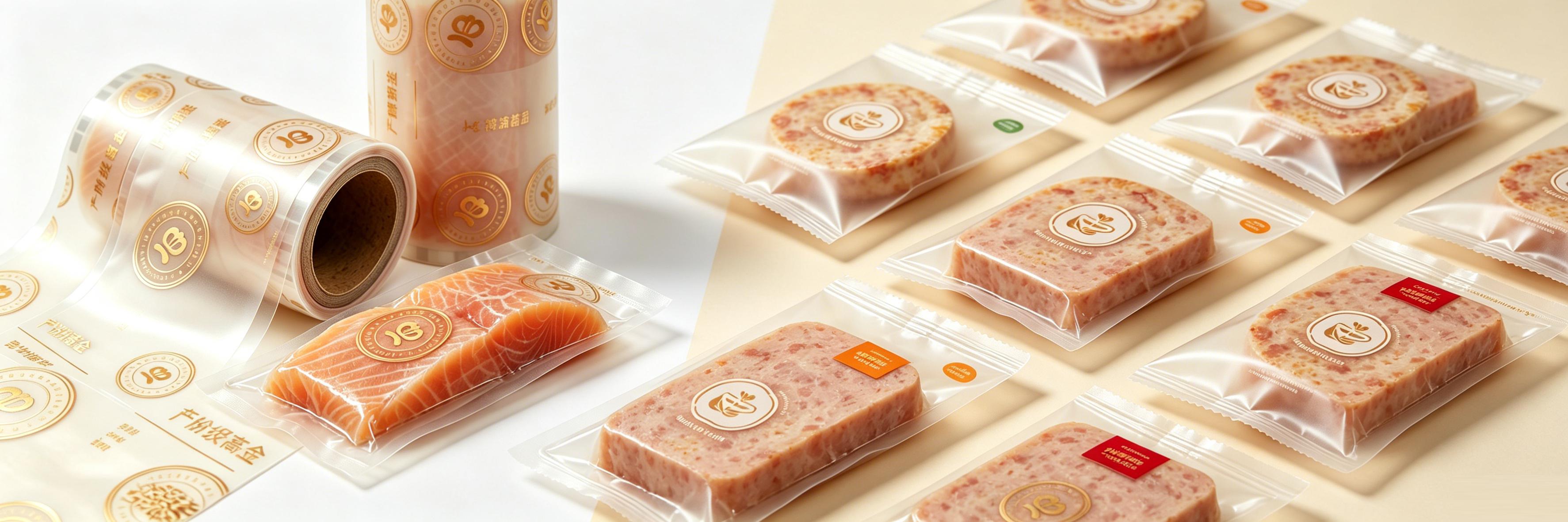 custom printed transparent vacuum rollstock film rolls and finished pouches for salmon fish, luncheon meat, meat patties, food-grade heat-seal lamination film for automatic fresh food packing lines.