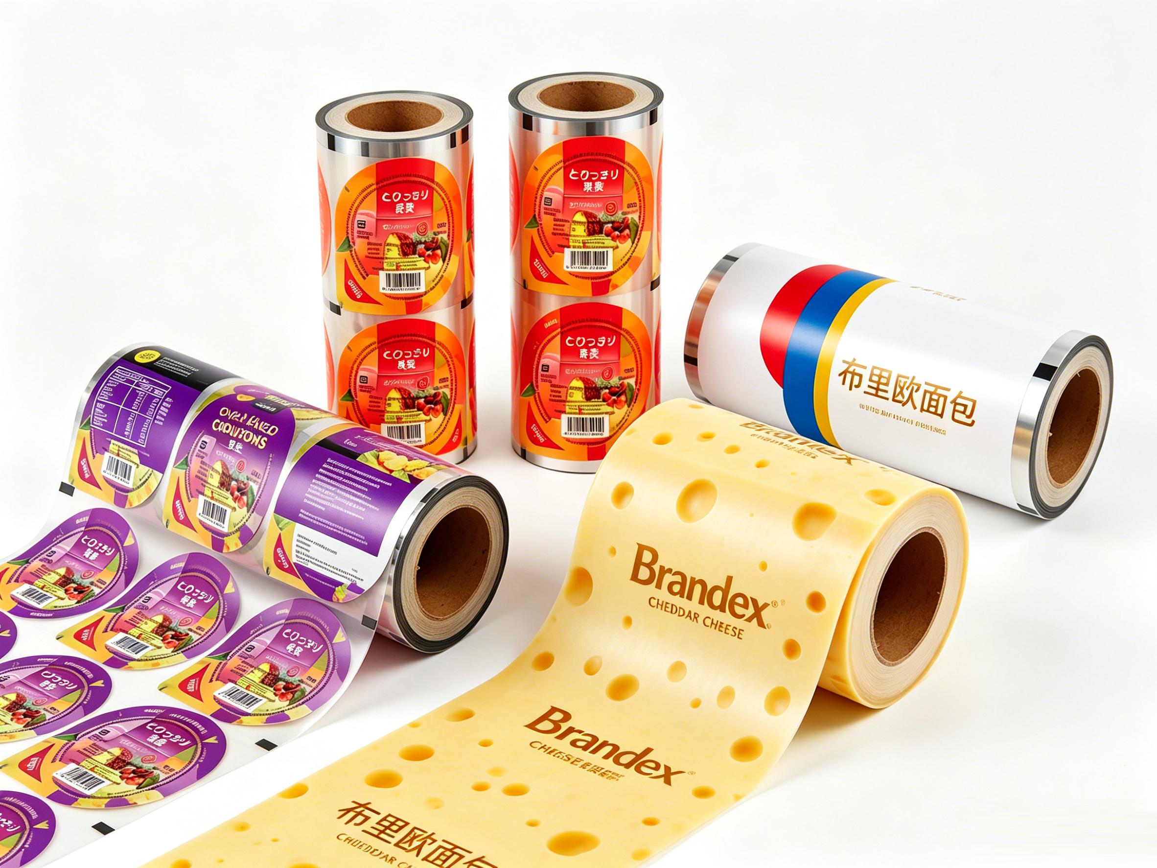 multiple custom metallized laminated rollstock films: jelly pudding cup sealing film, crouton snack lid film, bread cheese packaging roll film, full OEM customizable printing, material and size for dessert, bakery & snack brands.