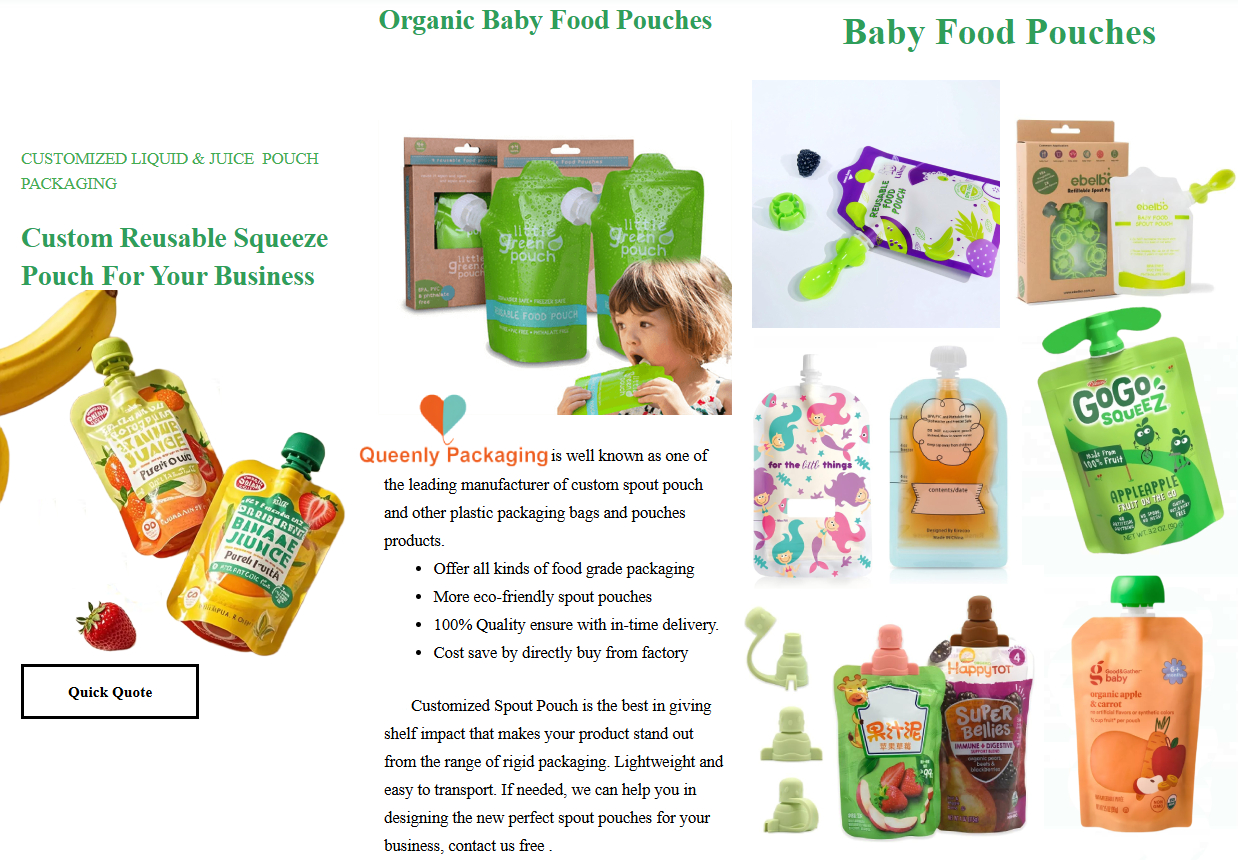 Website banner collage showcasing assorted custom organic baby food squeeze spout pouches in multiple colorful cartoon & fruit printed designs, featuring reusable food-grade infant puree squeeze bags, brand introduction text for packaging manufacturer, product display of fruit juice pouches with spout caps, CTA Quick Quote button, eco-friendly liquid pouch packaging solutions for baby food brands.