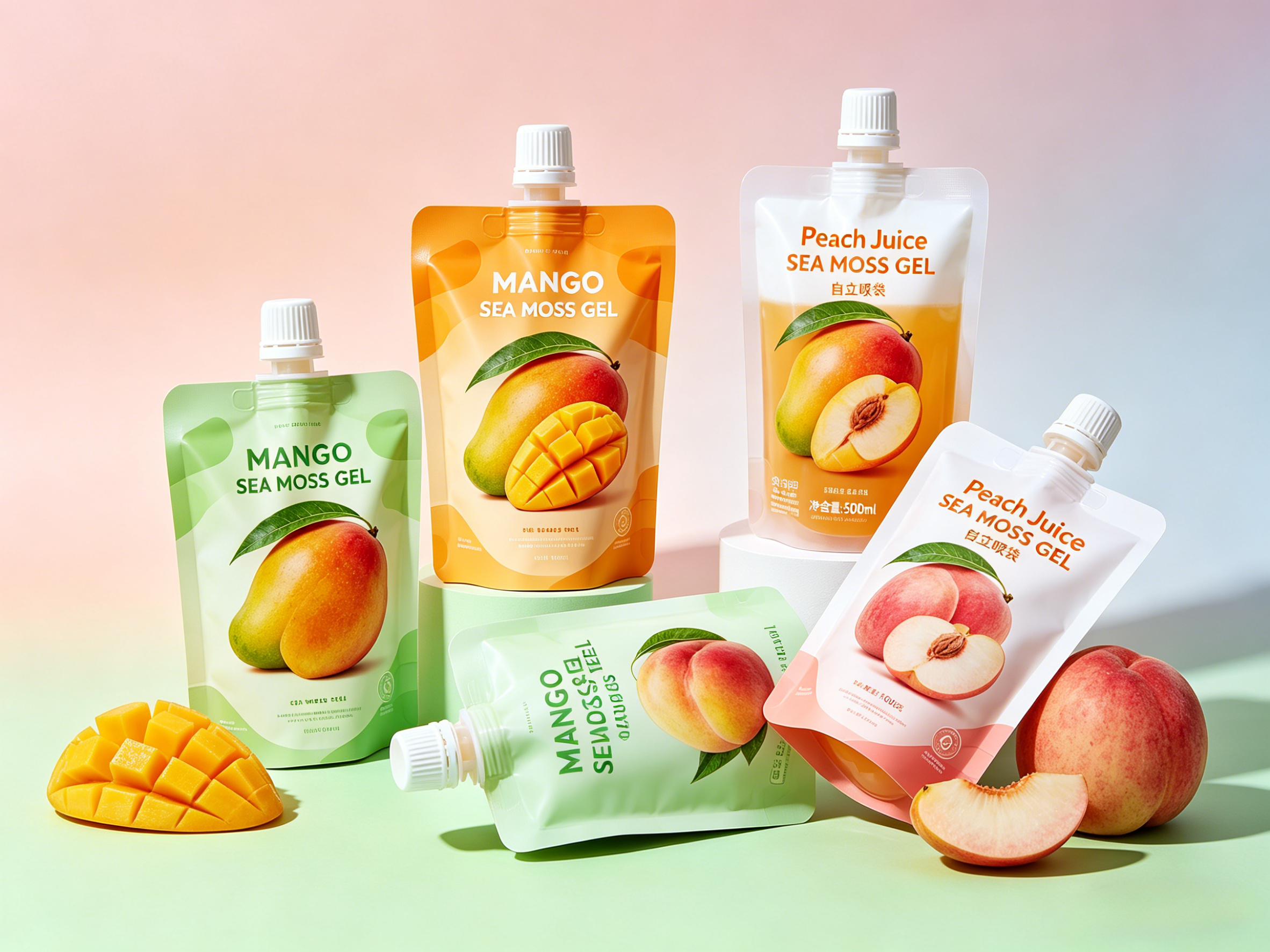 Custom printed stand-up spout pouches for mango & peach sea moss gel fruit juice, food grade liquid squeeze packaging with plastic dispensing cap, full color fruit brand printing