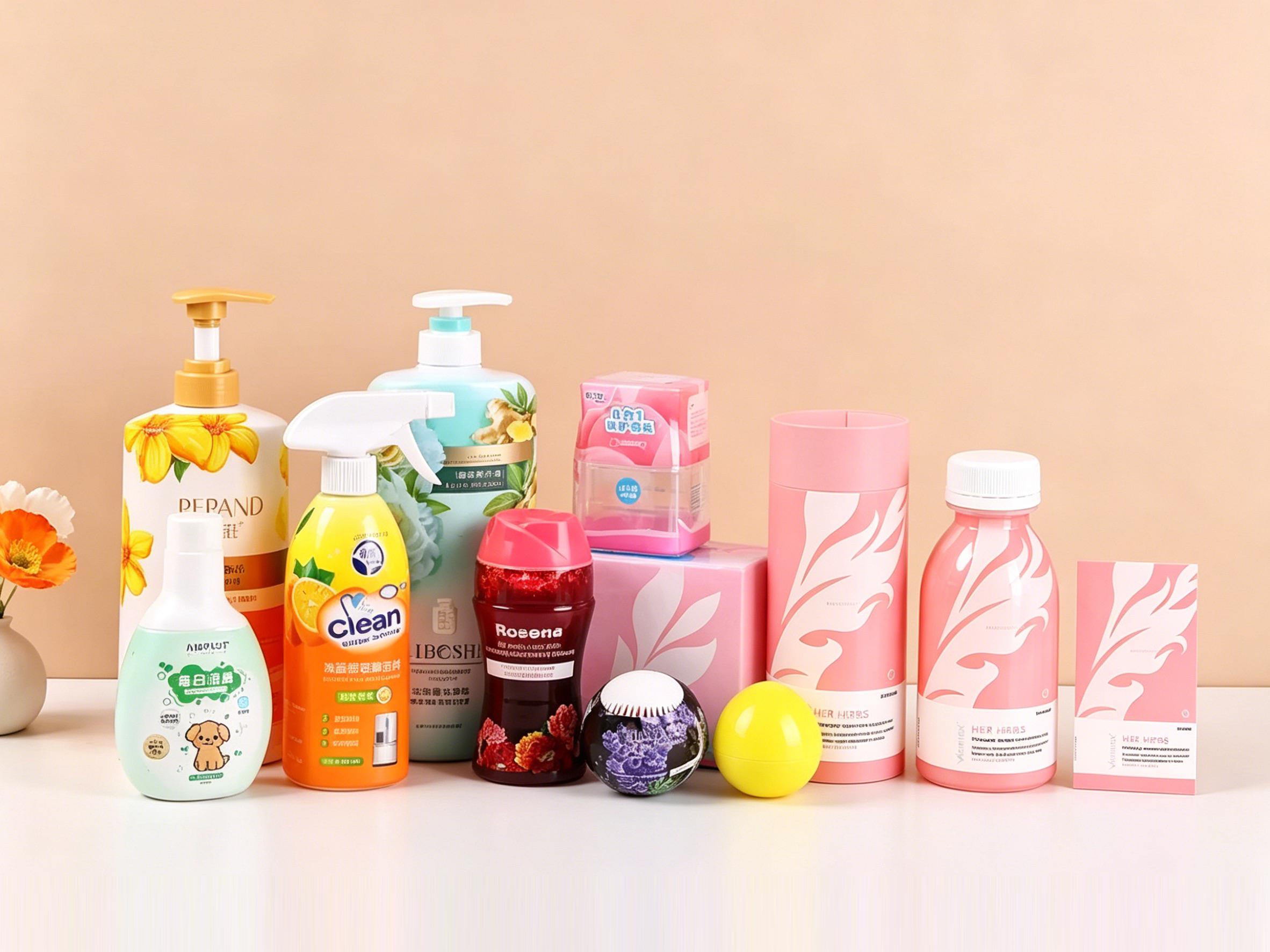 Display of various daily chemical and personal care products outfitted with custom heat shrink sleeve labels, including shampoo pump bottles, household cleaning spray, hair care bottles, fabric softener containers, cosmetic plastic jars and pink branded liquid bottles with matching leaf-pattern shrink sleeves. Showcases diverse custom printed shrink label designs for beauty, bath and household cleaning packaging on multiple container shapes.