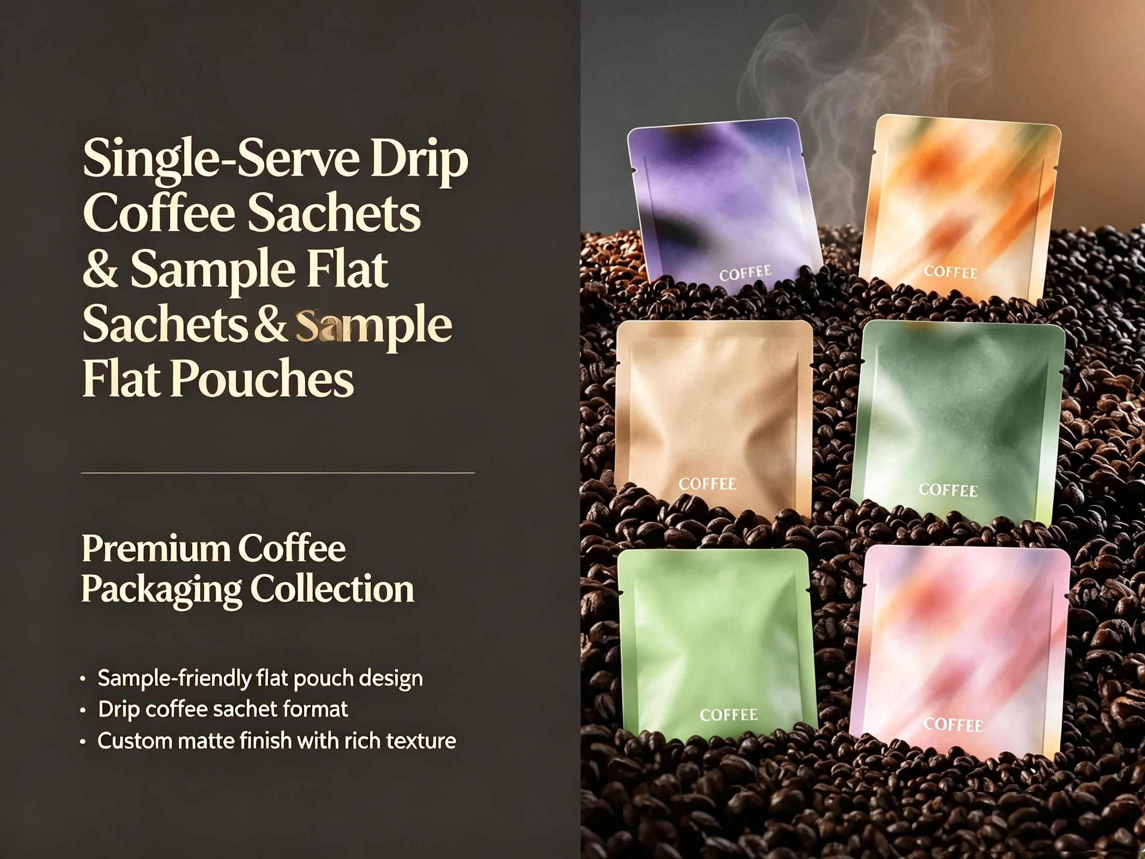 Premium Flat Coffee Sample Pouches & Drip Coffee Single Serve Sachets Multiple Gradient Colors