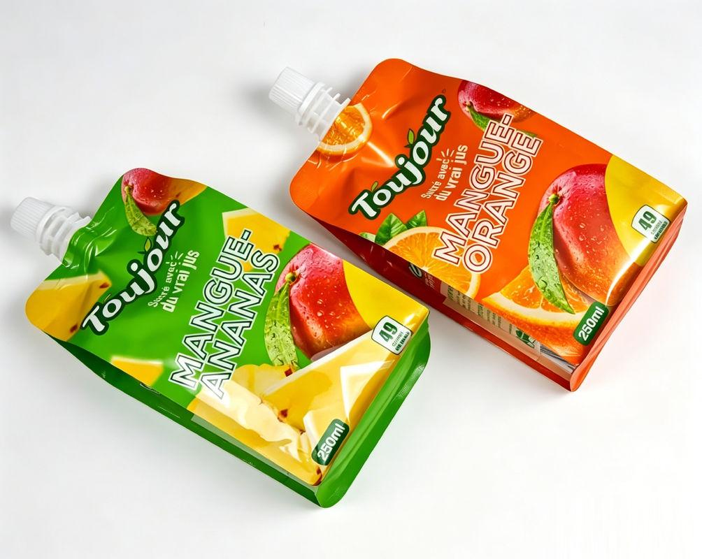 Two custom printed 250ml fruit juice spout pouches, green mango-pineapple flavor and orange mango flavor stand up liquid bags with white plastic screw spout, vibrant fruit rotogravure printing for cold beverage, smoothie and slush drink packaging.