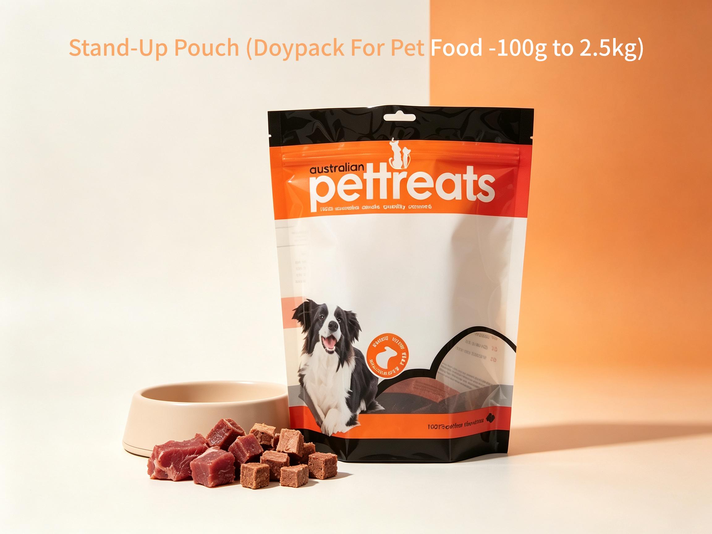 Lifestyle product shot of custom printed pet food stand-up doypack zipper pouch with transparent window, border collie cartoon print and hang hole, size range 100g to 2.5kg; staged with dog food bowl and fresh meat pet treat cubes on soft beige-orange gradient background, resealable moisture-proof packaging for dog snacks.