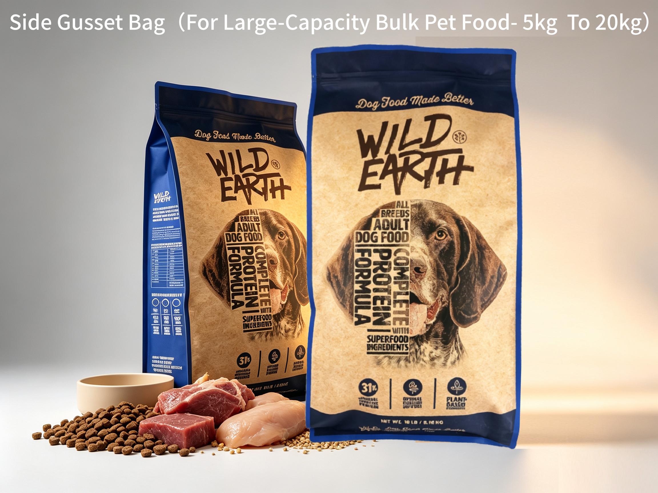 Product lifestyle shot of two large capacity side gusset dog food bags (5kg to 20kg capacity) with kraft paper texture and dark blue sealed edges, printed with dog portrait and protein formula branding; staged with dry dog kibble, raw beef and chicken meat plus pet feeding bowl on neutral grey background, heavy-duty high barrier bulk packaging for wholesale pet food.
