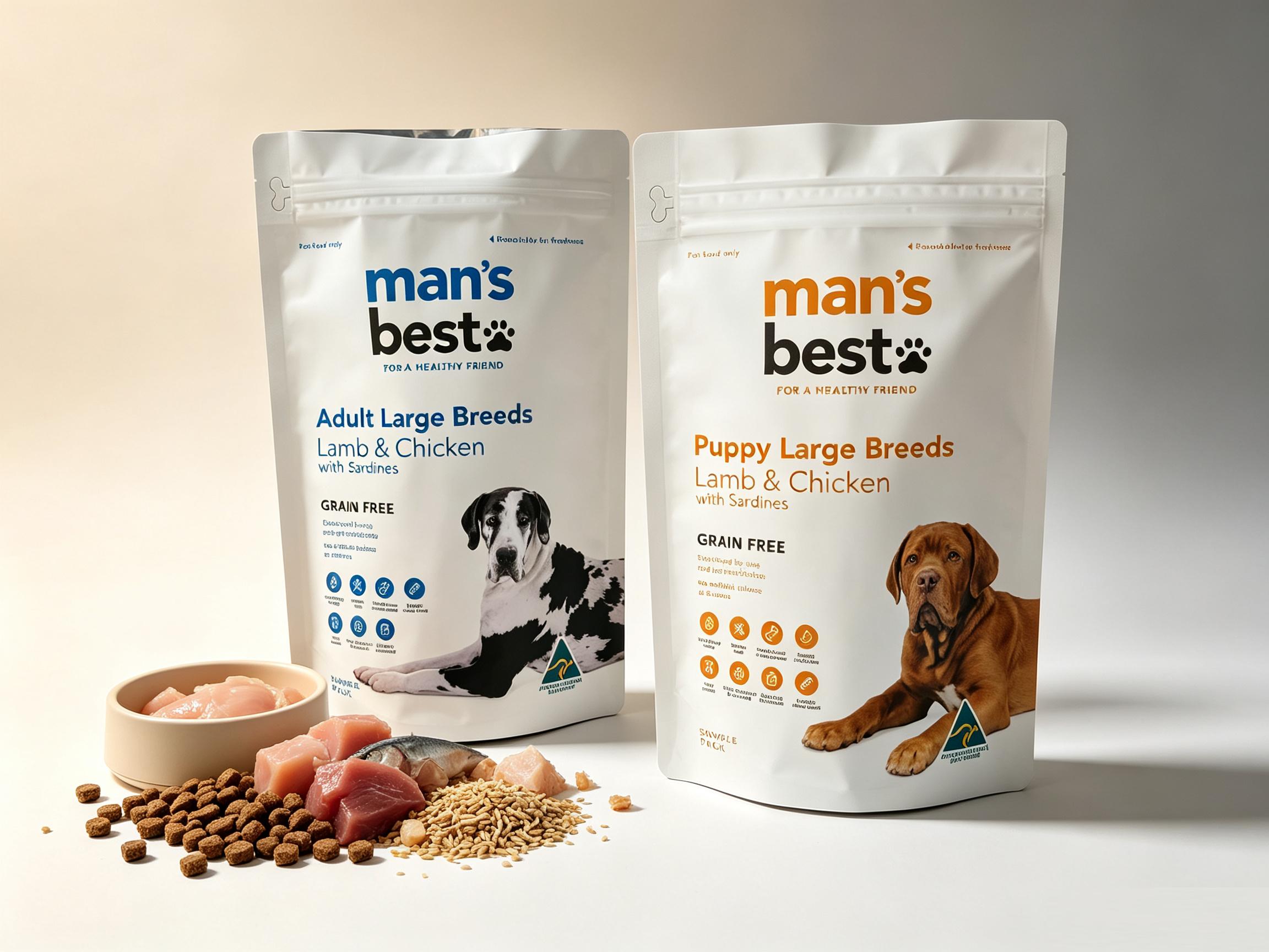 Lifestyle product banner of two matched stand-up doypack dog food pouches: left blue text for Adult Large Breeds formula with Great Dane print, right orange text for Puppy Large Breeds formula with Mastiff print. Laid out with dry dog kibble, fresh lamb, chicken and sardine raw ingredients plus pet bowl on warm neutral background, showcasing dual complete grain-free large breed dog food packaging variants for retail sample sale.