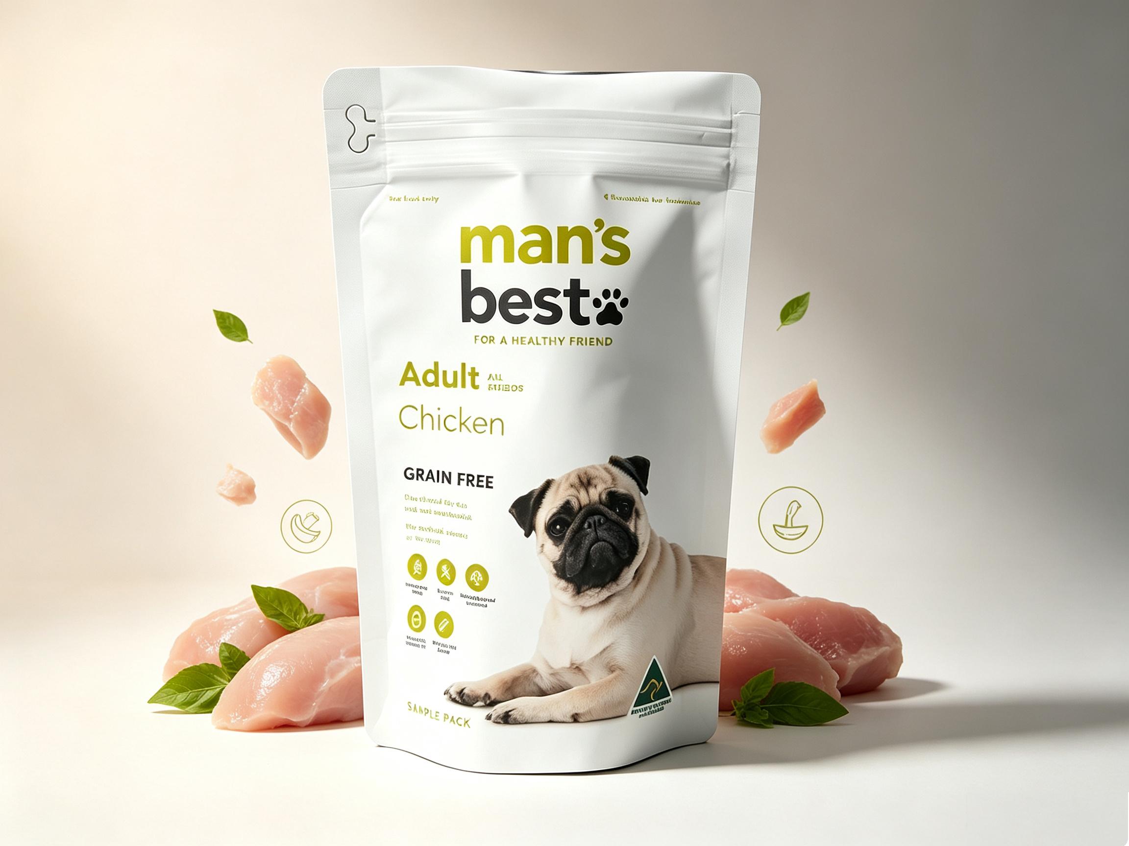 Soft studio lifestyle shot of matte white stand-up doypack sample pouch branded "man’s best", formulated as grain-free adult all breeds chicken dog food, printed with pug illustration, bone-shaped retail hang hole and resealable zipper top. Surrounded by fresh raw chicken fillets and green herb leaves floating around the bag, with nutrition function icons and Australian-made marking on front, minimalist clean light packaging for small trial dog food packs.