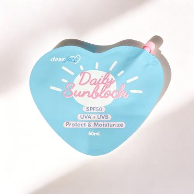 China 50ml Heart-Shaped Matte Sunscreen Spout Pouch - Cute Refillable Cosmetic Bag for SPF Skincare for sale