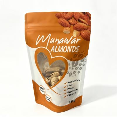 China Custom Printed Stand‑Up Zipper Bag with Heart‑Shaped Window | 150g 350g Nut Packaging Pouch for Almonds & Dry Fruits for sale