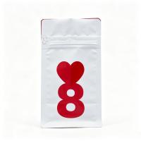China ODM Factory Custom 200g Flat Bottom Coffee Bag With One-Way Degassing Valve | Matte White Red Aluminum Foil Stand Up Pouch For Whole Roasted Coffee Beans for sale