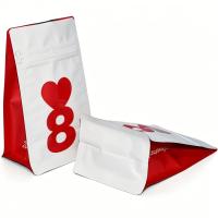 China ODM Factory Custom 200g Flat Bottom Coffee Bag With One-Way Degassing Valve | Matte White Red Aluminum Foil Stand Up Pouch For Whole Roasted Coffee Beans for sale