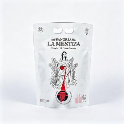 China Custom Vintage Line Art Printed 3L Bag In Box Wine Pouch | Double Heart Die-Cut Handle Aluminum Foil Tap Dispenser Stand Up Pouch For Sangria, Fruit Wine & Beverage for sale