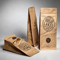 China Custom Printed 12oz 340g Kraft Flat Bottom Coffee Bag With One-Way Degassing Valve | Eco-Friendly Brown Paper Stand Up Pouch For Roasted Whole Bean Coffee for sale