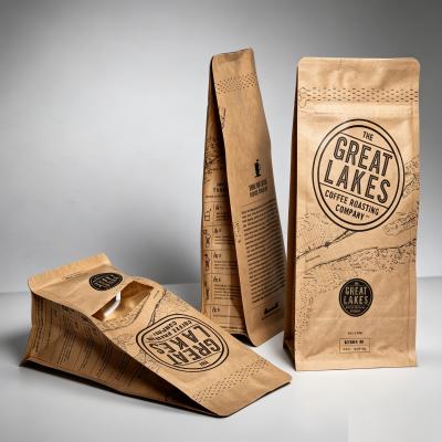 China Custom Printed 12oz 340g Kraft Flat Bottom Coffee Bag With One-Way Degassing Valve | Eco-Friendly Brown Paper Stand Up Pouch For Roasted Whole Bean Coffee for sale