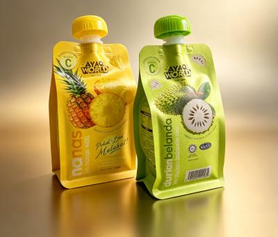 China 200g Flat Bottom Spout Pouch | Custom Stand Up Spout Bag For Tropical Fruit Juice Pineapple Durian Beverage Food Grade Packaging for sale