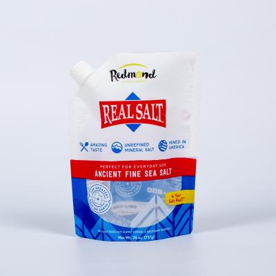 China Custom Printed 16mm Screw Cap 26OZ Stand‑Up Spout Pouch With Window & UV Craft For Coarse Salt Fine Sea Salt Kosher Sea Salt Refill Packaging for sale