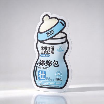China 40g Custom Bottle‑Shaped Die‑Cut Pouch, Custom Printed Irregular Flexible Bag for Kitten Milk Cake Cat Soft Wet Pet Food Packaging for sale