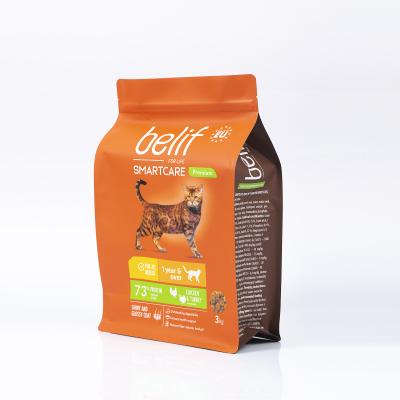 China PFAS‑Free Flat Bottom Quad Seal Pet Food Pouch | Resealable Zipper Bag for 300g 1.5kg 3kg Dry Cat Kibble for sale