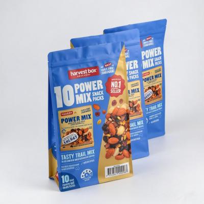 China Custom Printed Flat Bottom Quad Seal Pouch With Resealable Zipper for Mixed Nuts Trail Mix Dried Fruit Retail Snack Packaging for sale