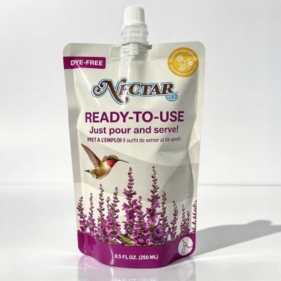China Rotogravure Printed 250ml 8.5oz Spout Stand Pouch | Food‑Safe Custom Liquid Packaging for Wildlife Hummingbird Nectar for sale
