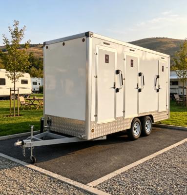 China Luxury 2-Stall Mobile Restroom Trailer Portable Toilet with AC Fiberglass Body Tandem Axle for sale