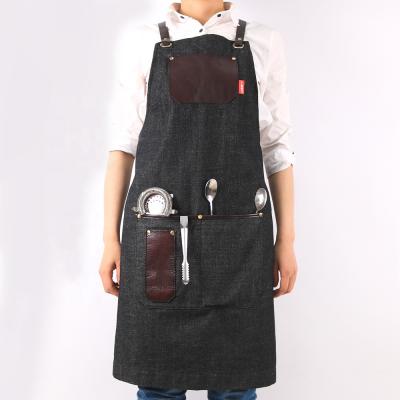 China Custom Washable Color Mens Bartender Apron Leather Strap Apron Denim Uniform Apron With Pockets for sale