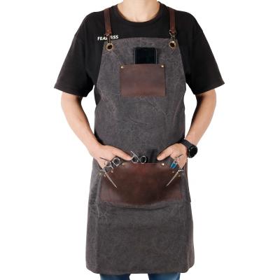 China Kangaroo Pocket/Crossback Back Leather Apron Custom Made Premium Changrong Design/Vintage Quality Canvas Adjustable Leather Barber Shop Apron for sale