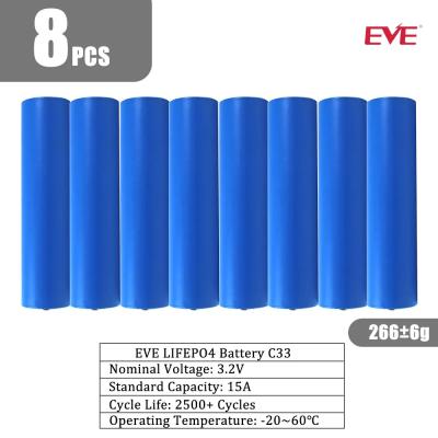 China Lifepo4 Battery EVE C33 3.2V 15Ah 33140 3C Cylindrical Power Battery for Car Audio E Scooter Standrad chraging current 0.5C for sale