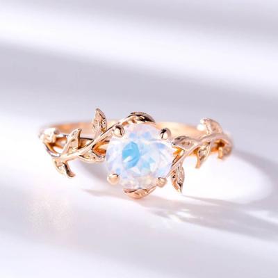 China 14K Rose Gold Moonstone Wedding Rings Leaf Flower Round Cut for sale