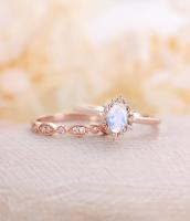 China Blue Natural Moonstone Ring Set , 14K Rose Gold Moonstone Stacking Rings for sale