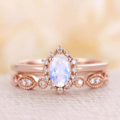 China Blue Natural Moonstone Ring Set , 14K Rose Gold Moonstone Stacking Rings for sale