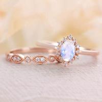 China Blue Natural Moonstone Ring Set , 14K Rose Gold Moonstone Stacking Rings for sale