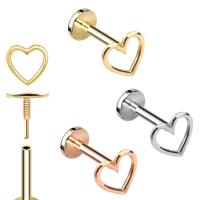 China 14K Gold Outlined Heart Ear Piercing Jewelry Threaded Flat Back Stud for sale