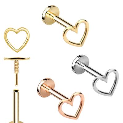 China 14K Gold Outlined Heart Ear Piercing Jewelry Threaded Flat Back Stud for sale