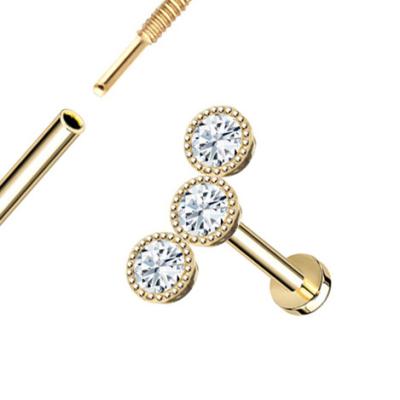 China Milgrain Triple Bezel Threaded Flat Back Stud Natural Diamond Piercing Jewelry 14K Gold for sale