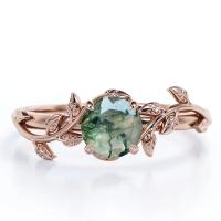 China Nature Inspired Natural Green Moss Agate Solitaire Engagement Ring Forest Ring for sale