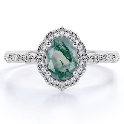 China Prong Halo Oval Cut Milky White Dendritic Green  Agate  And Moissanite Miligreen  Antique Design  Engagement Ring for sale