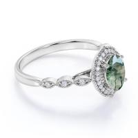 China Prong Halo Oval Cut Milky White Dendritic Green  Agate  And Moissanite Miligreen  Antique Design  Engagement Ring for sale
