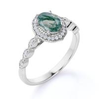 China Prong Halo Oval Cut Milky White Dendritic Green  Agate  And Moissanite Miligreen  Antique Design  Engagement Ring for sale