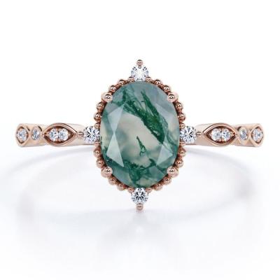 China Oval Natural Green Moss Agate Artsy  Alternative Engagement Ring -Handmade Wedding Ring for sale